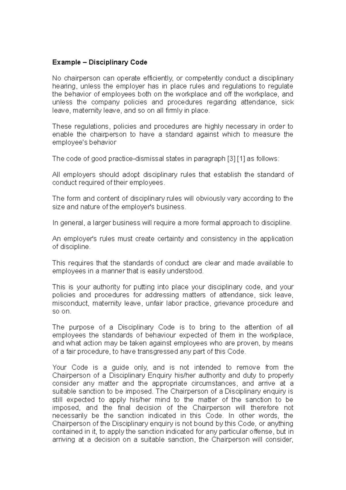 Example Disciplinary Code: Policies and Procedures Overview - Studocu