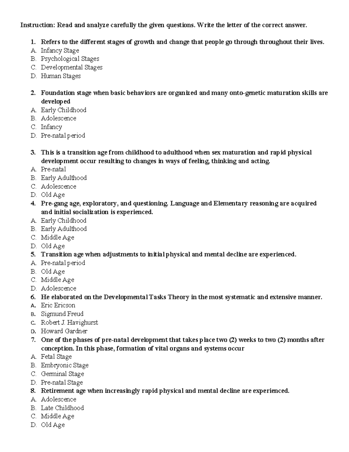 Q1-M3 Quiz - Developmental Stages and Theories - Studocu