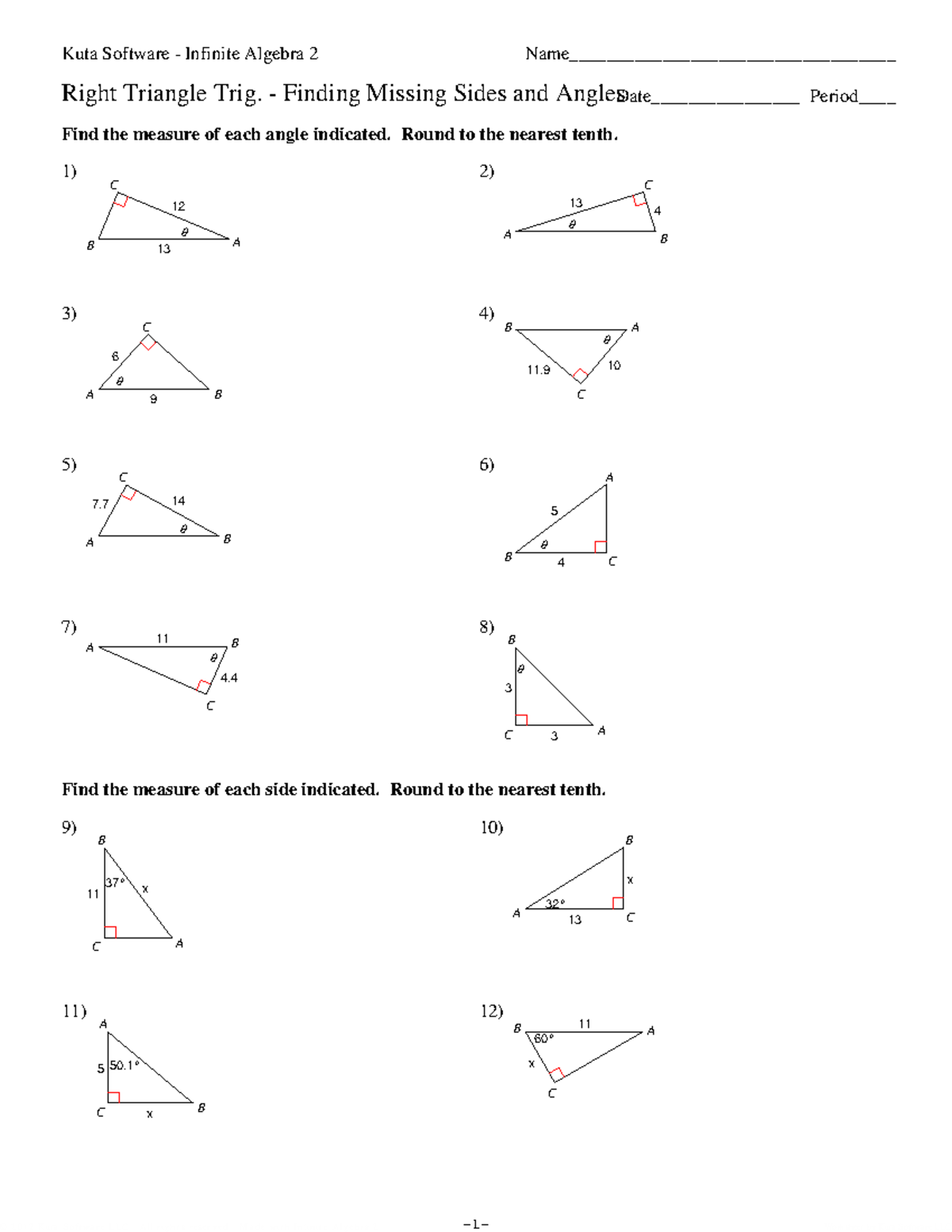 Right Triangle Trig WS: Finding Missing Sides & Angles - Studocu