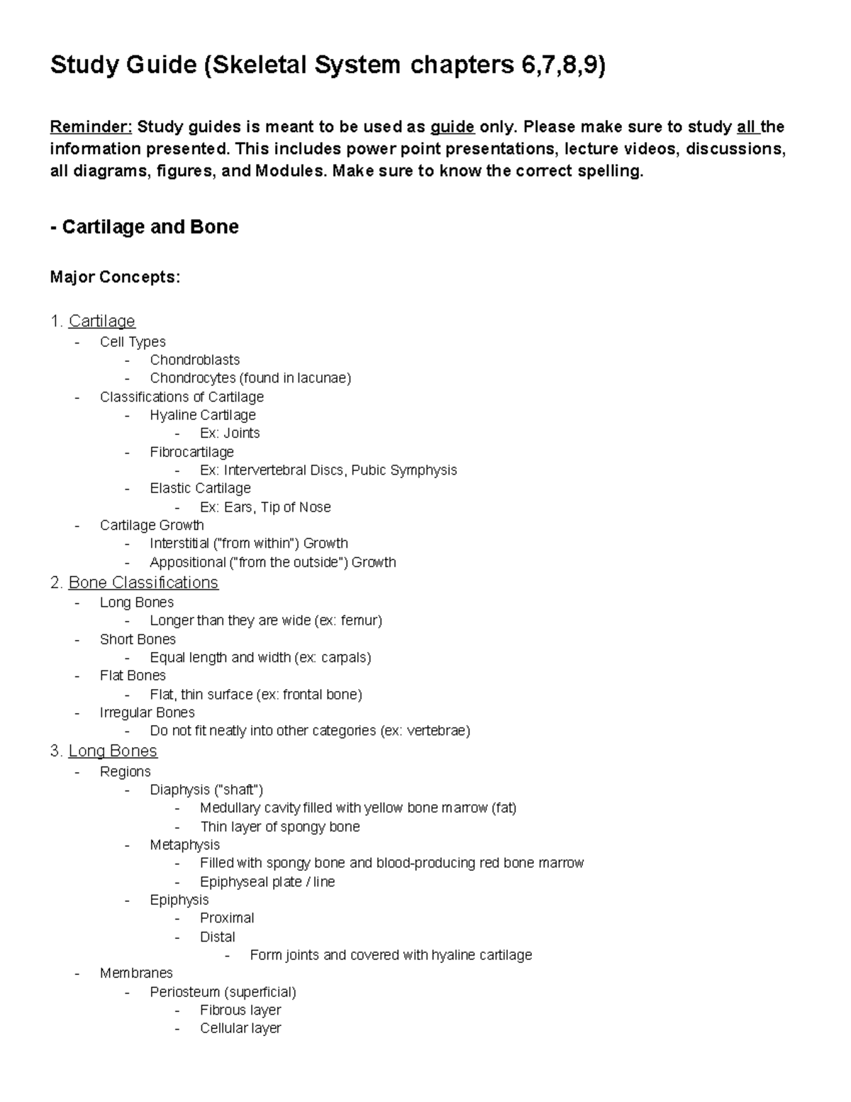 Study Guide: Skeletal System (Chapters 6-9) - Key Concepts & Review - Studocu