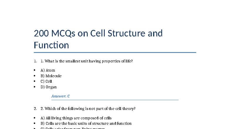200 MCQs on Cell Structure & Function for Biology 101 - Studocu
