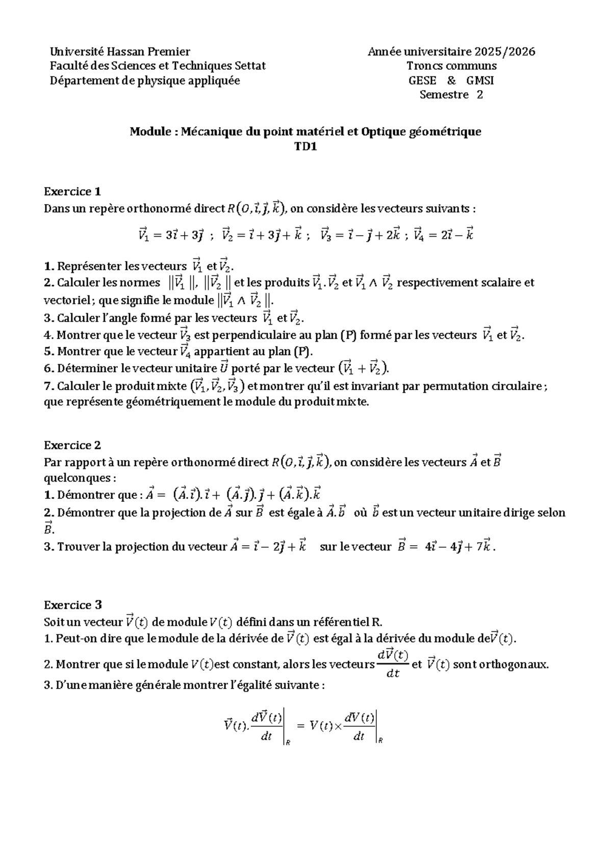 TD1 Mécanique du Point Matériel et Optique Géométrique - GESE GMSI ...