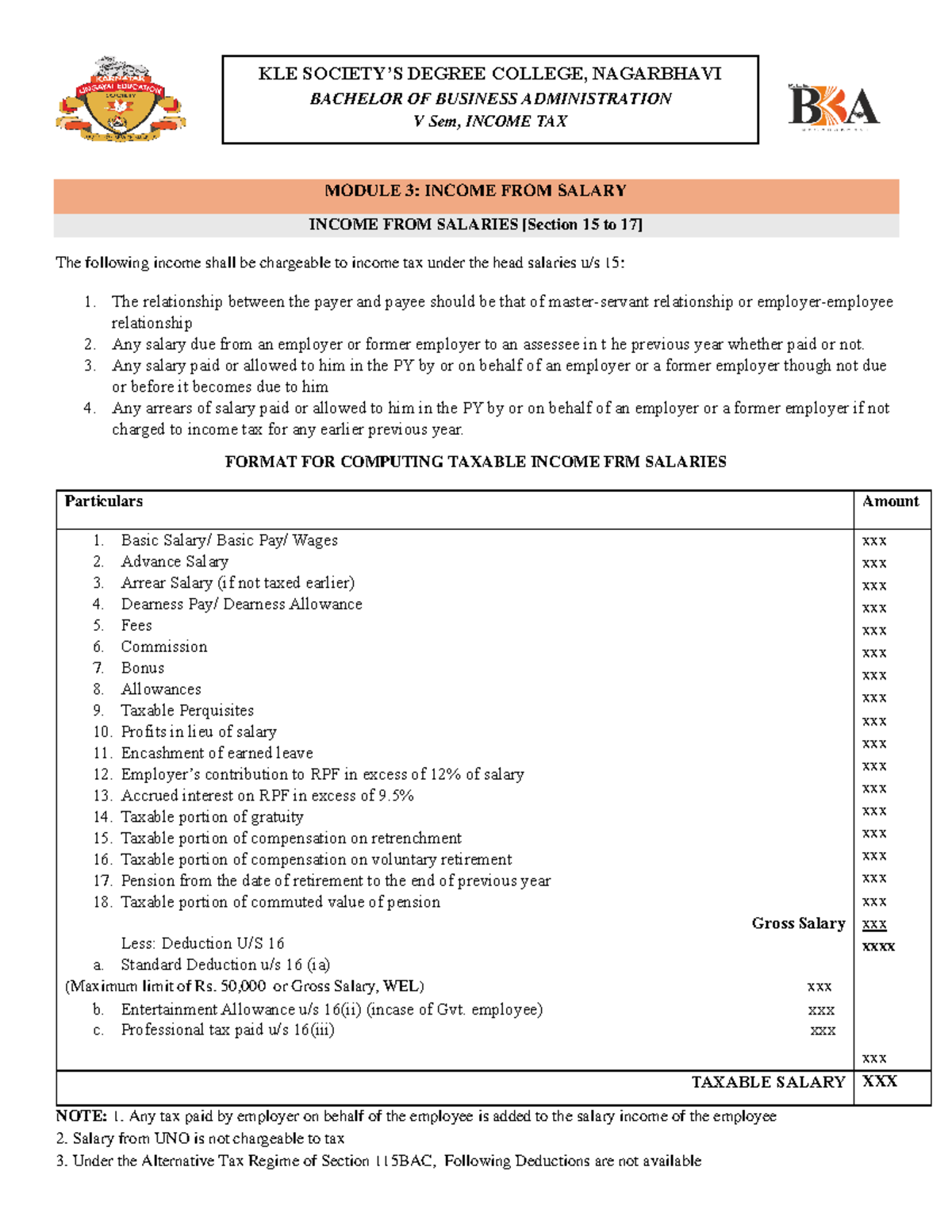 Module 3 - Income from Salary Notes for BBA V Sem (Income Tax) - Studocu