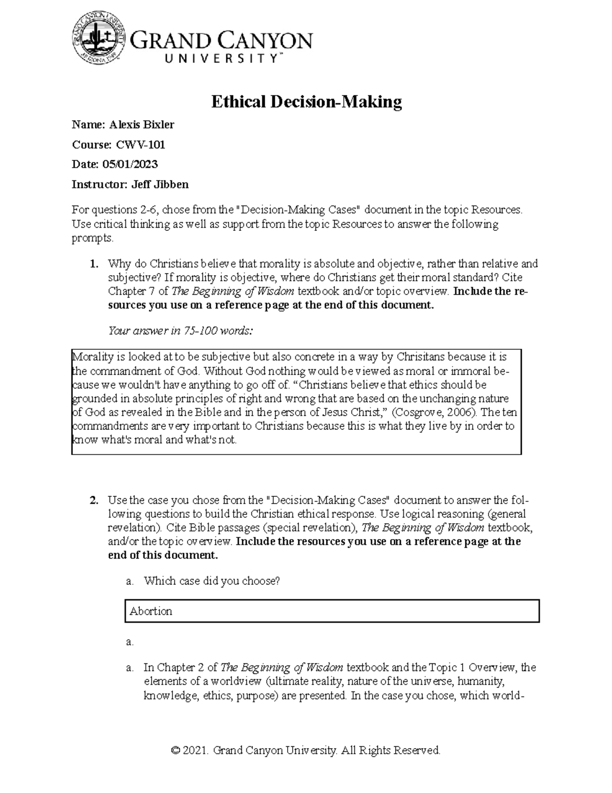 CWV- Ethical Decision-Making Assignment on Abortion and Morality - Studocu