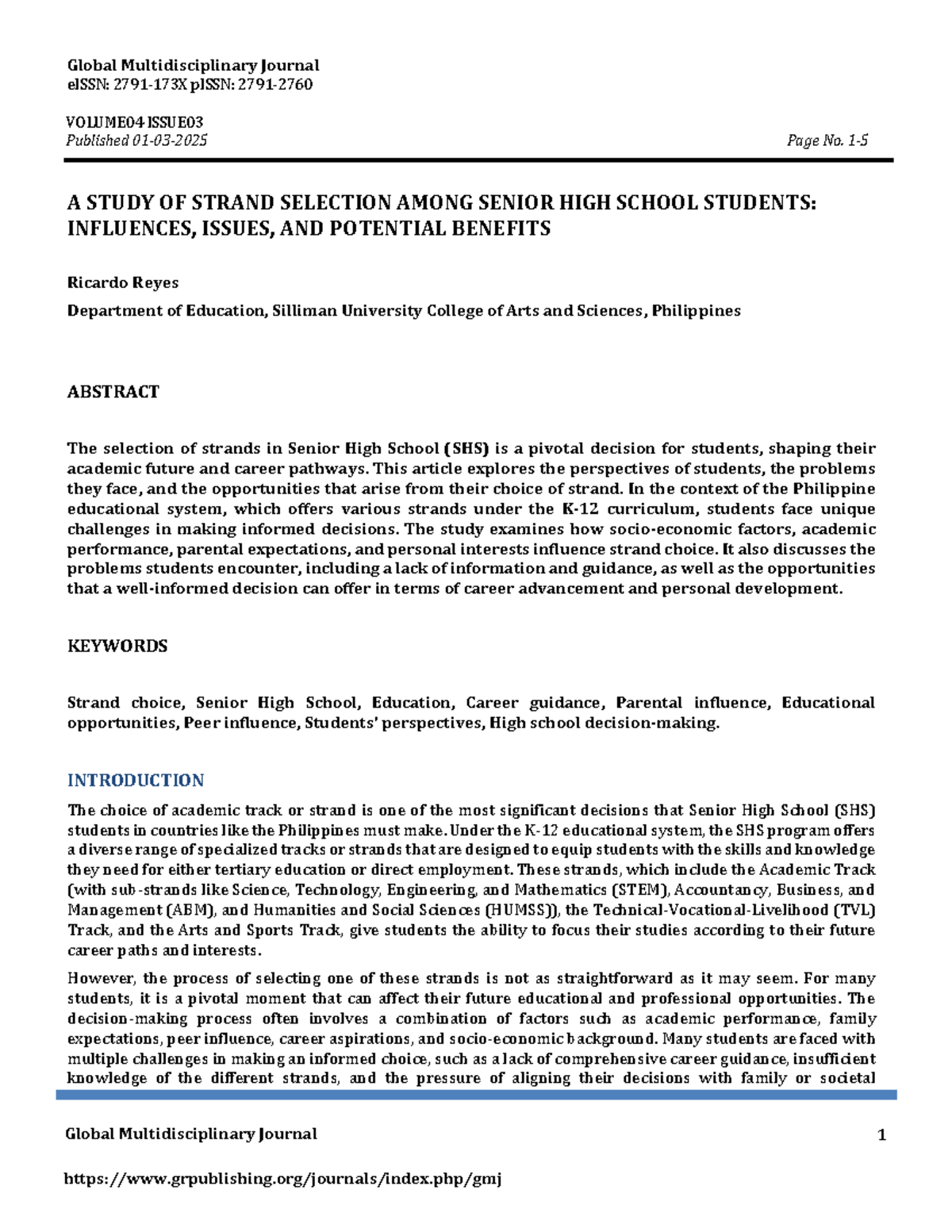 A+ Study of Strand Selection in Senior High School: Influences ...