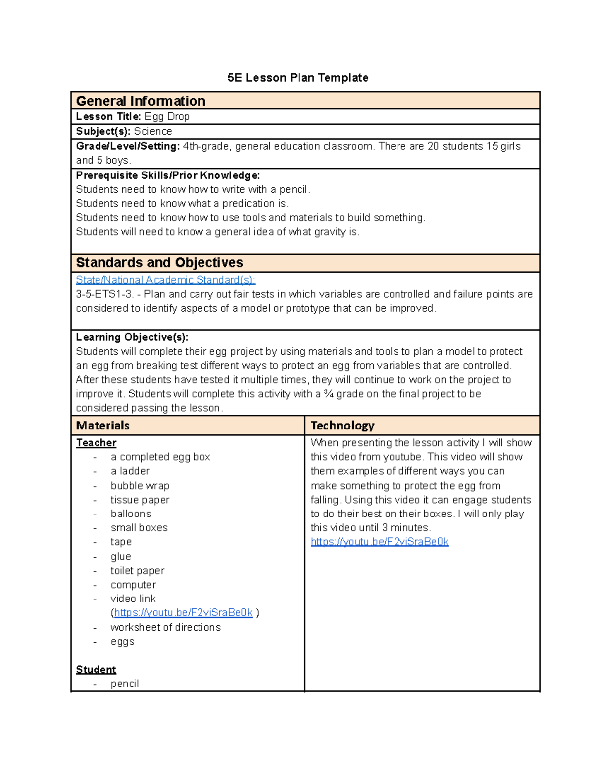 Lesson Plan C108 - Egg Drop Activity for 4th Grade Science - Studocu