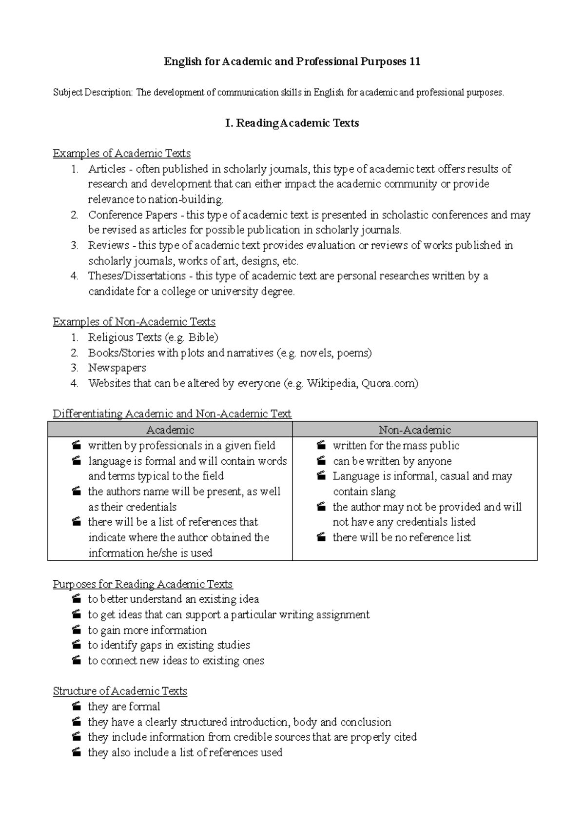 English for academic and professional purposes 11 - I. Reading Academic ...