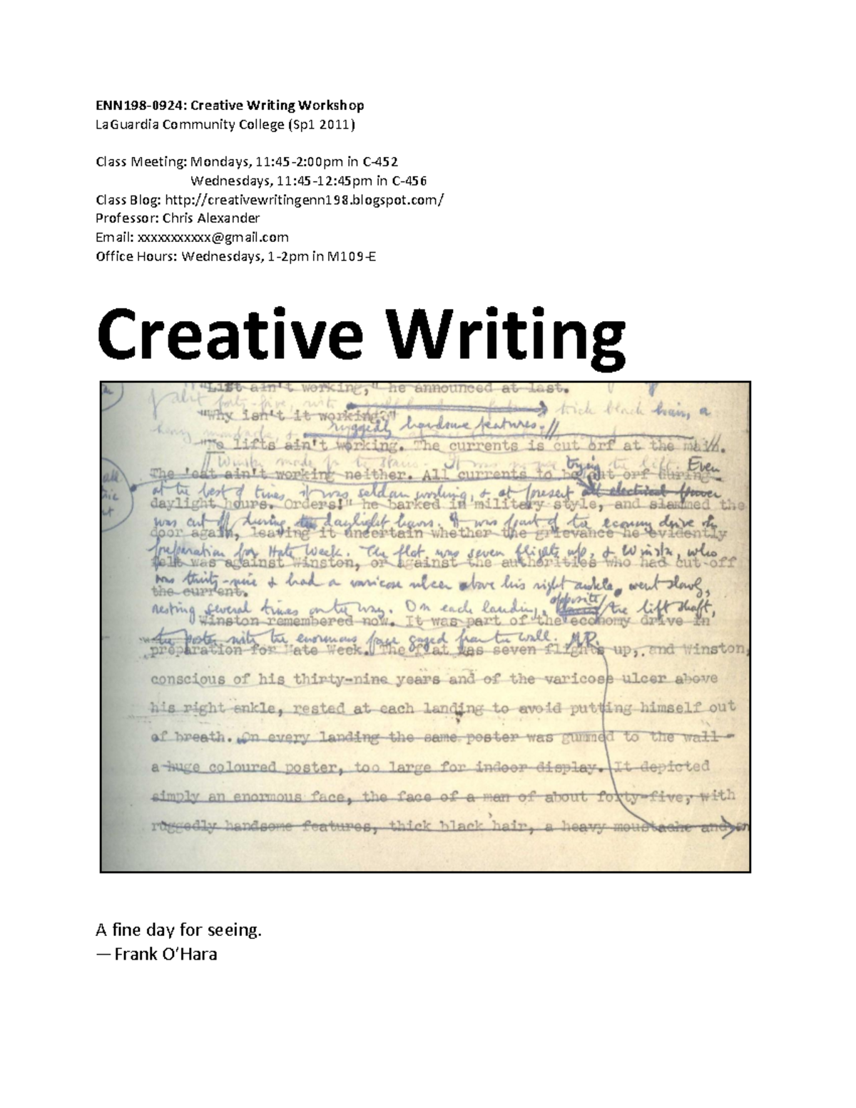 ENN198-CW Sp 12011 Creative Writing Workshop Syllabus - Studocu