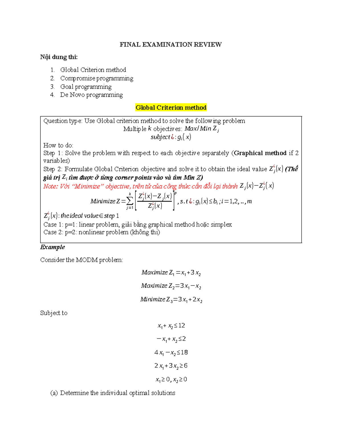 FINAL EXAM REVIEW: MCDM Techniques and Global Criterion Method - Studocu