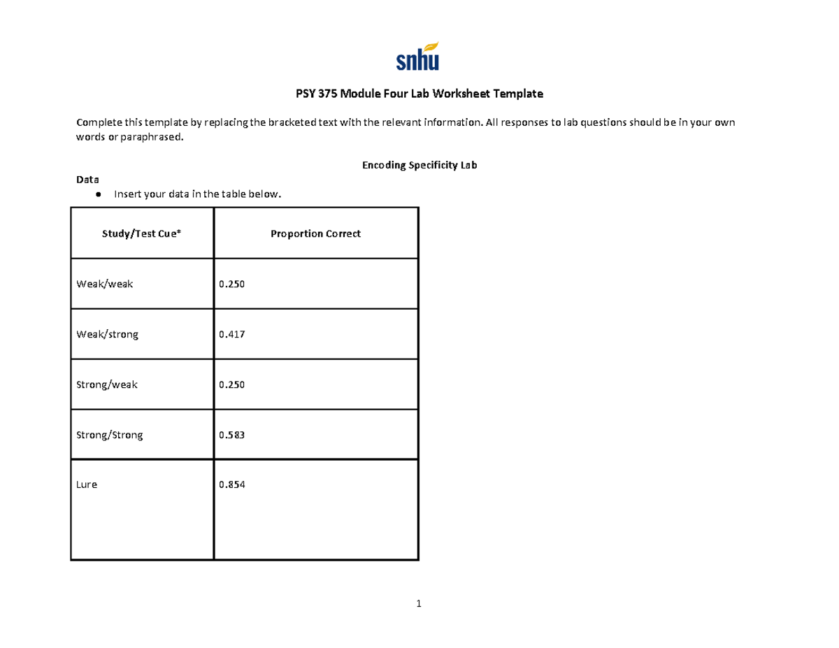 PSY 375 Encoding Specificity & Levels of Processing Lab Worksheet - Studocu