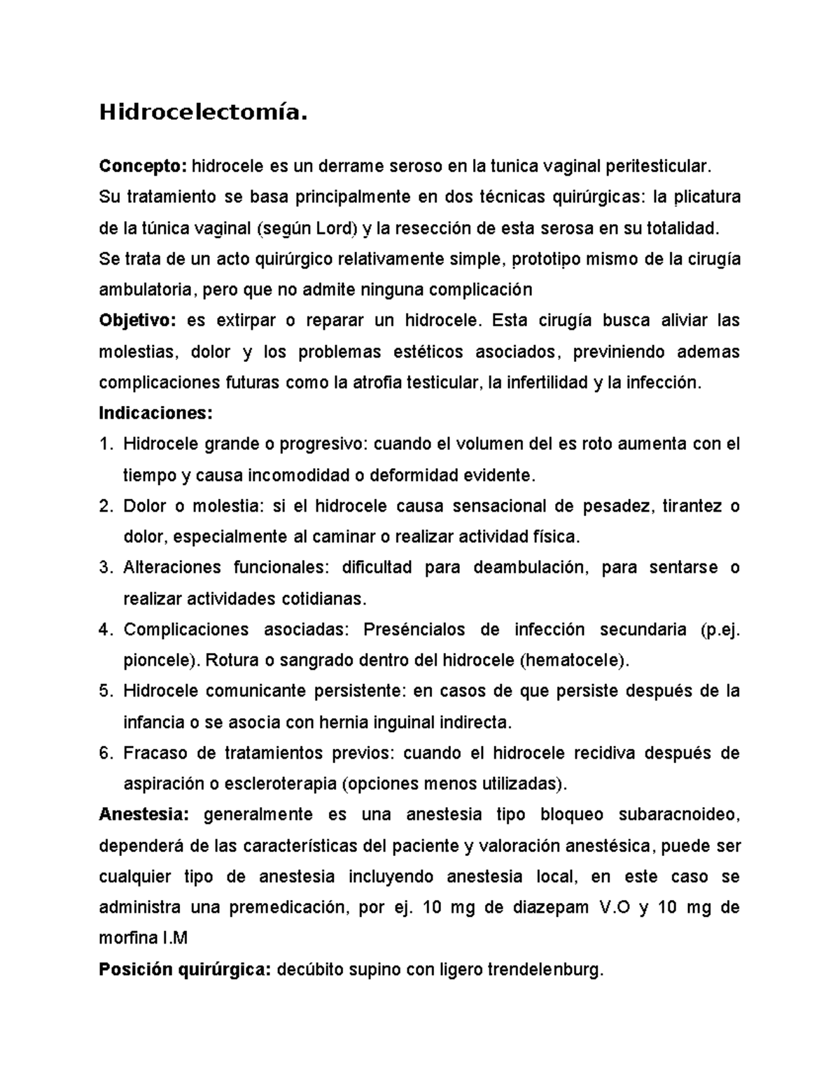 Hidrocelectomía: Técnicas Quirúrgicas y Procedimientos Esenciales - Studocu