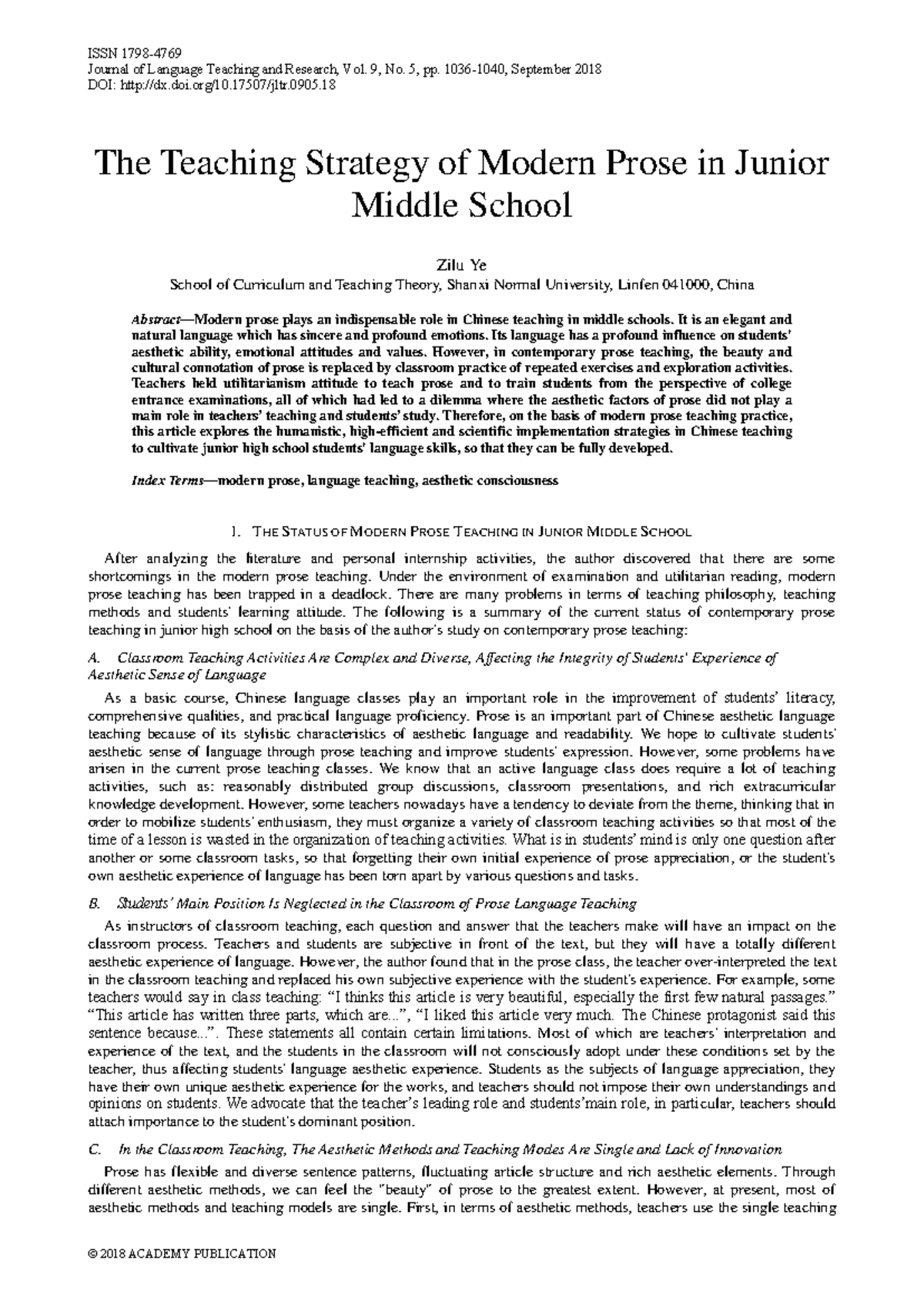 Teaching Strategies for Modern Prose in Junior Middle School (EDU 2018 ...