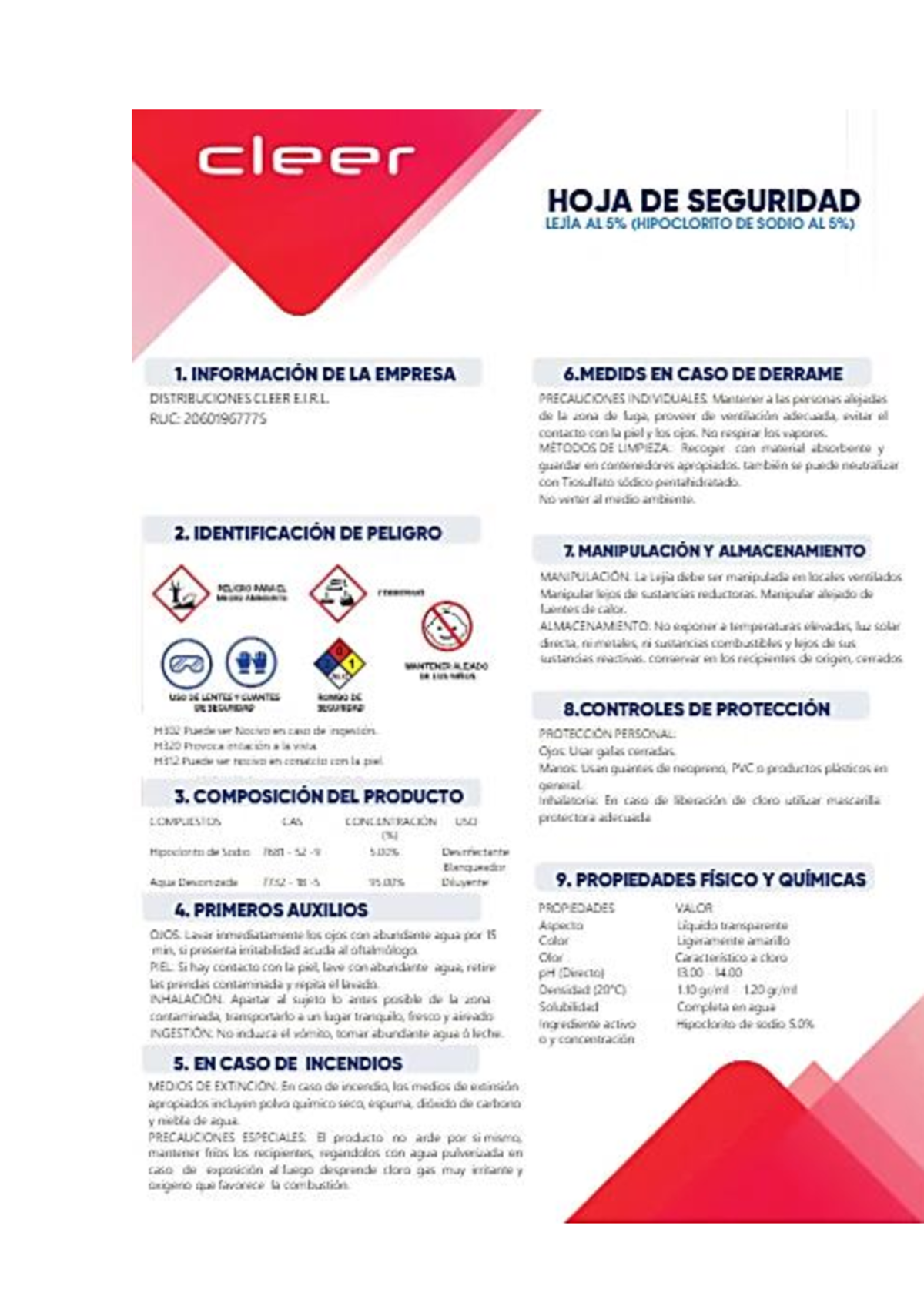 MSDS de Lejía Cleer (Hipoclorito de Sodio) - Información y Seguridad ...