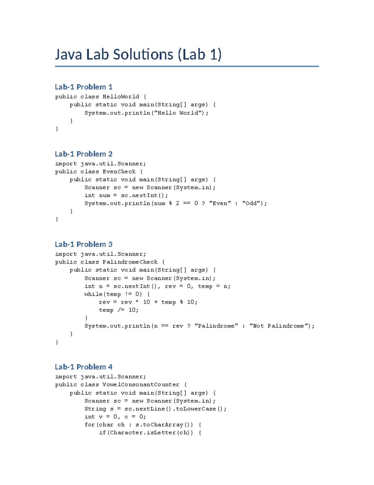 Java Lab1 Solutions: Code for HelloWorld, EvenCheck, PalindromeCheck ...