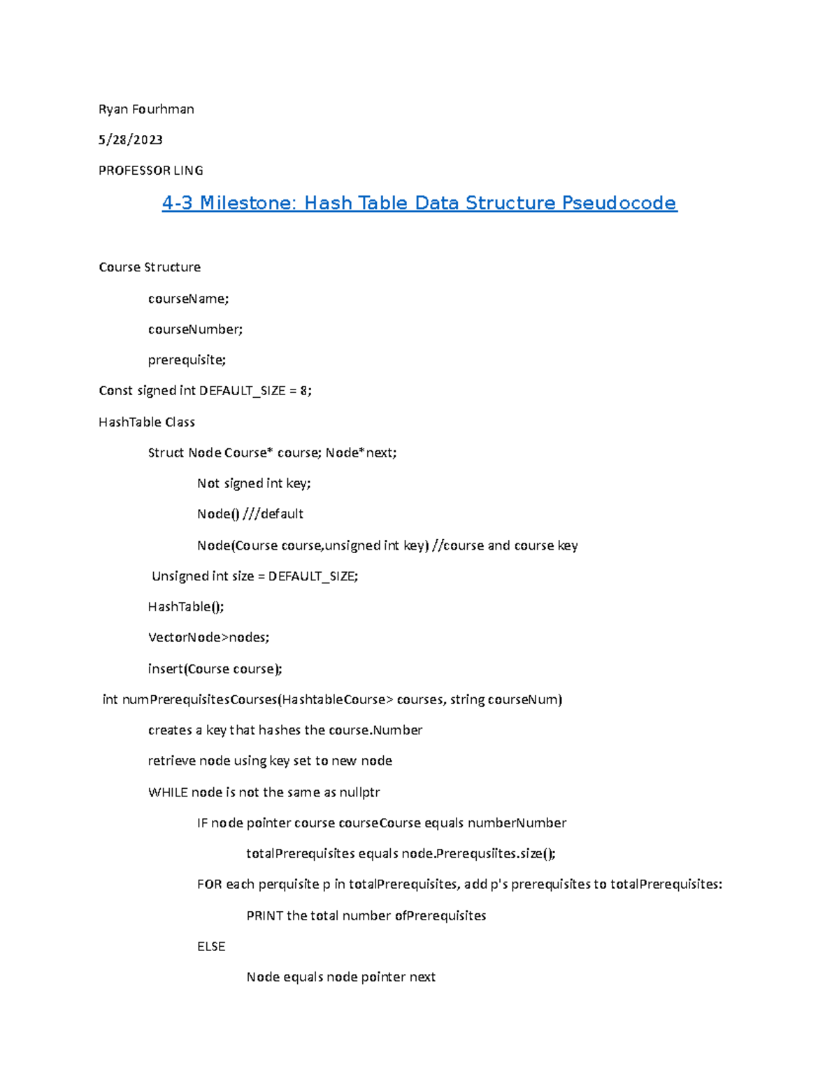 4-3 Milestone Hash Table Data Structure Pseudocode - Ryan Fourhman 5/28/ PROFESSOR LING 4-3 ...