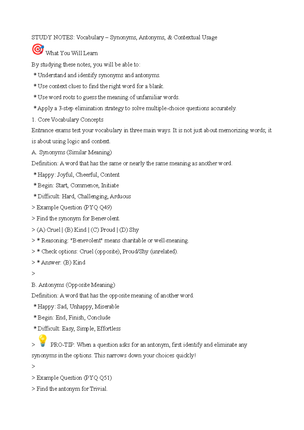 STUDY NOTES: Vocabulary Synonyms, Antonyms & Context Clues - Studocu