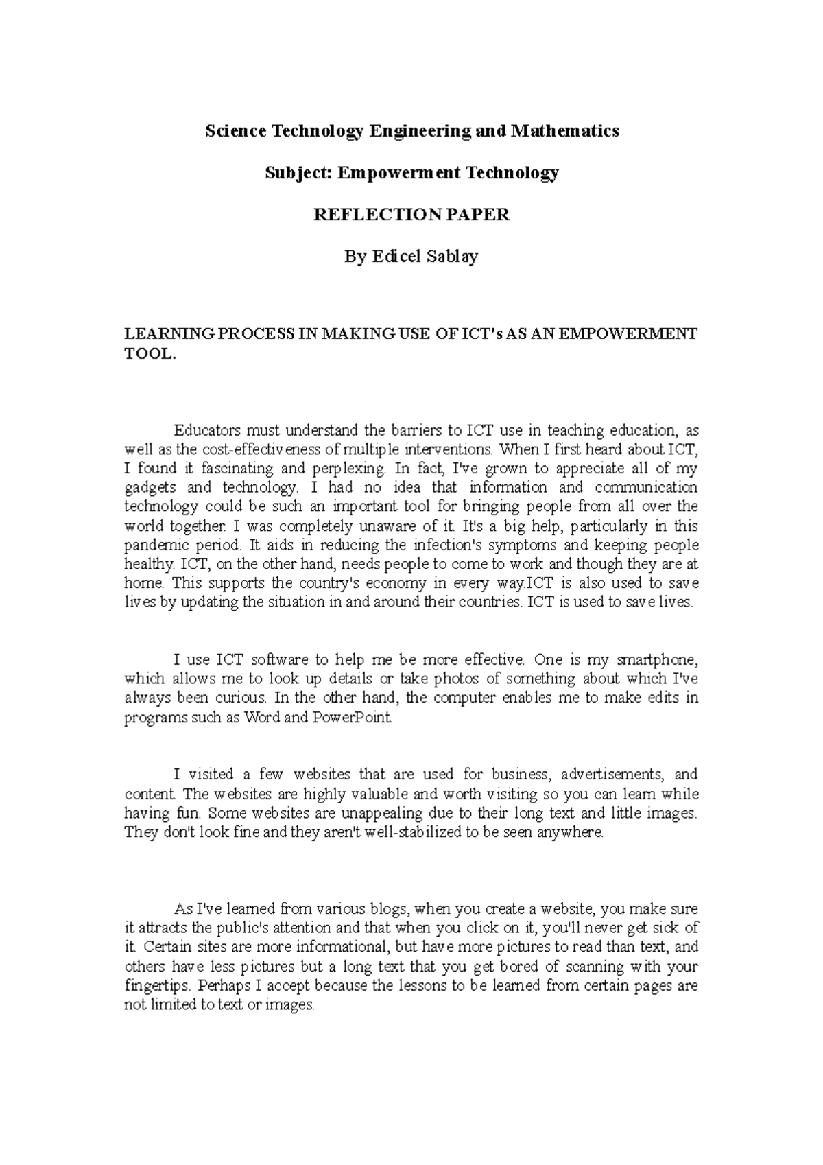 Reflection Paper- Learning Process IN Making USE OF ICT's AS AN ...