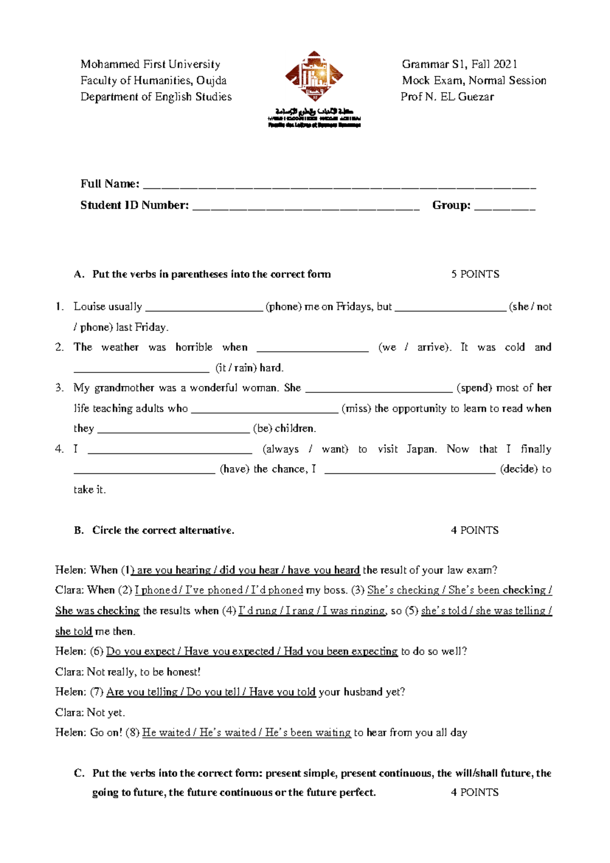 Grammar S1, Mock Exam - Prof N. EL Guezar - Mohammed First University ...