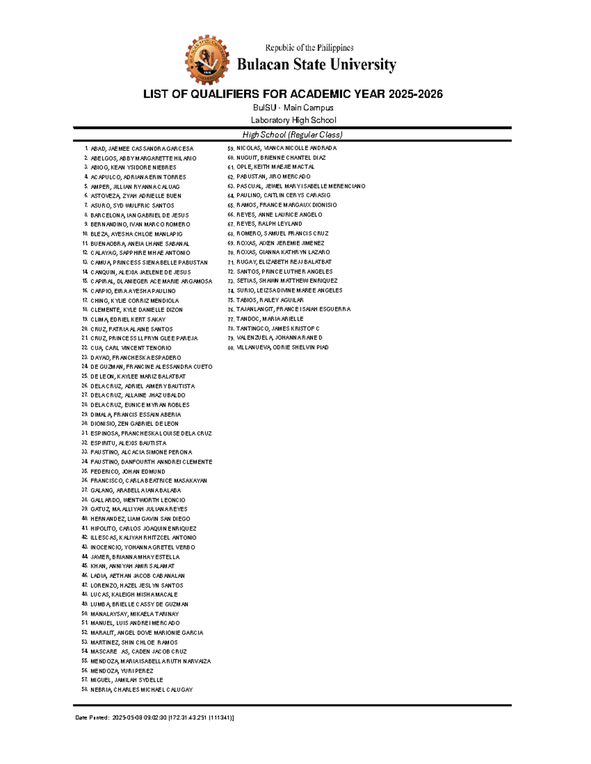 Grade 7 Regular Class Qualifiers List for SY 2025-2026 - Studocu
