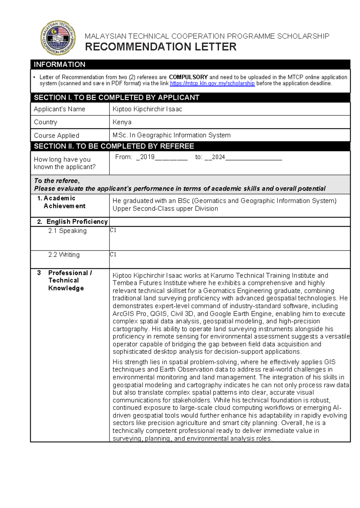 MTCP Scholarship Recommendation Letter for Isaac Kiptoo - Studocu