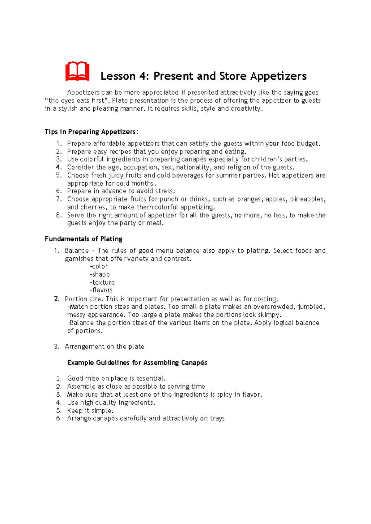 Present and Store Appetizers - Lesson 4: Present and Store Appetizers ...