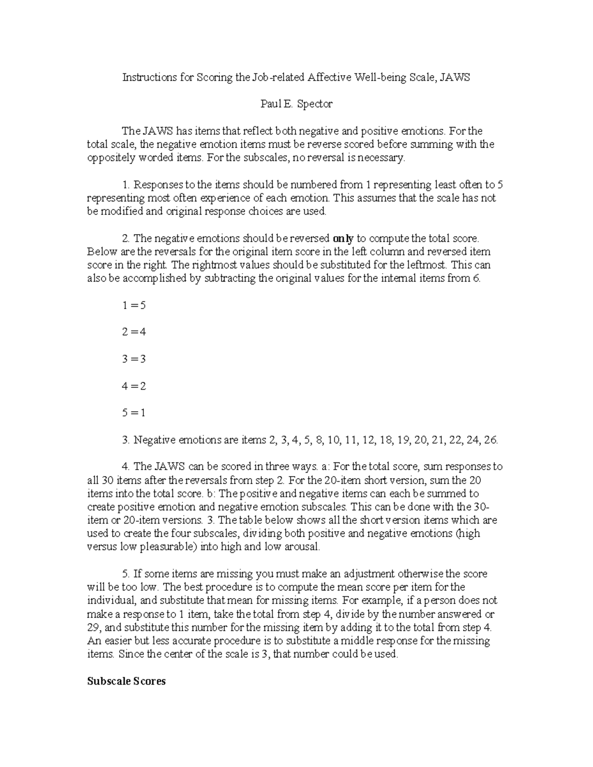 Instructions for scoring the JAWS affective scale - Studocu