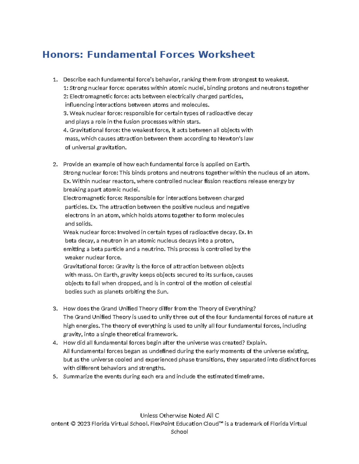 Honors Physics: Fundamental Forces Worksheet and Analysis - Studocu
