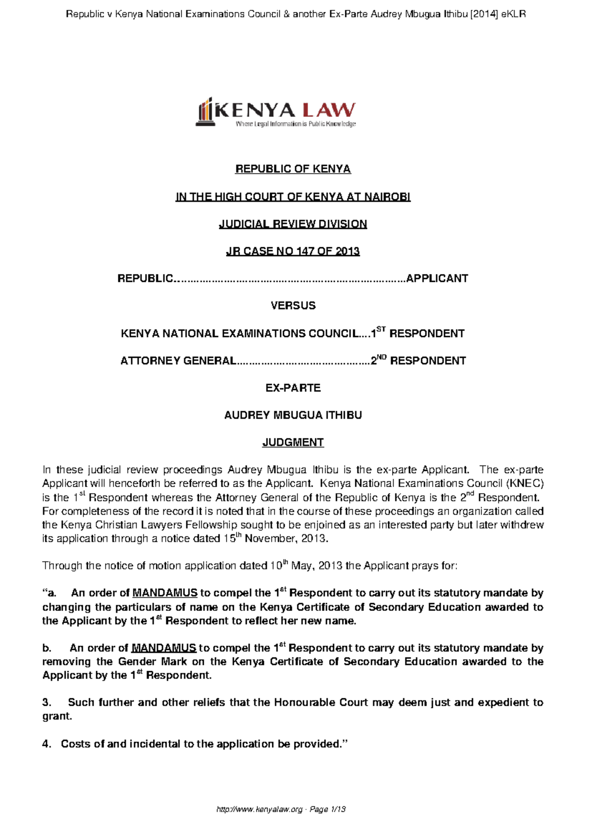 Audrey Mbugua Case Study: Judicial Review of Gender Rights in KCSE ...