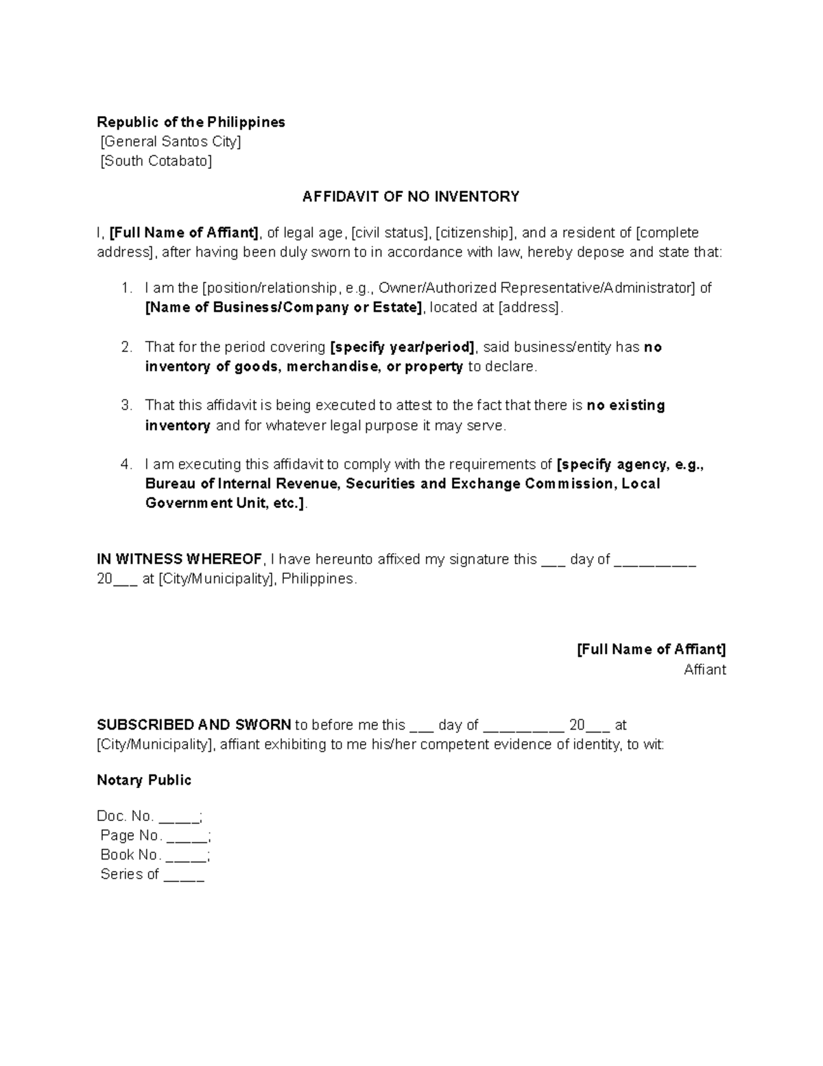 Affidavit of No Inventory - Legal Document - Studocu