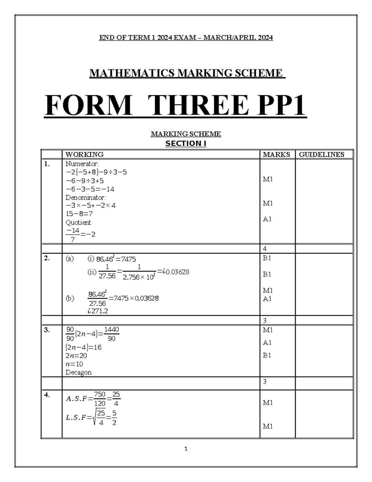 FORM 3 MATHEMATICS END OF TERM 1 2024 EXAM MARKING SCHEME - Studocu