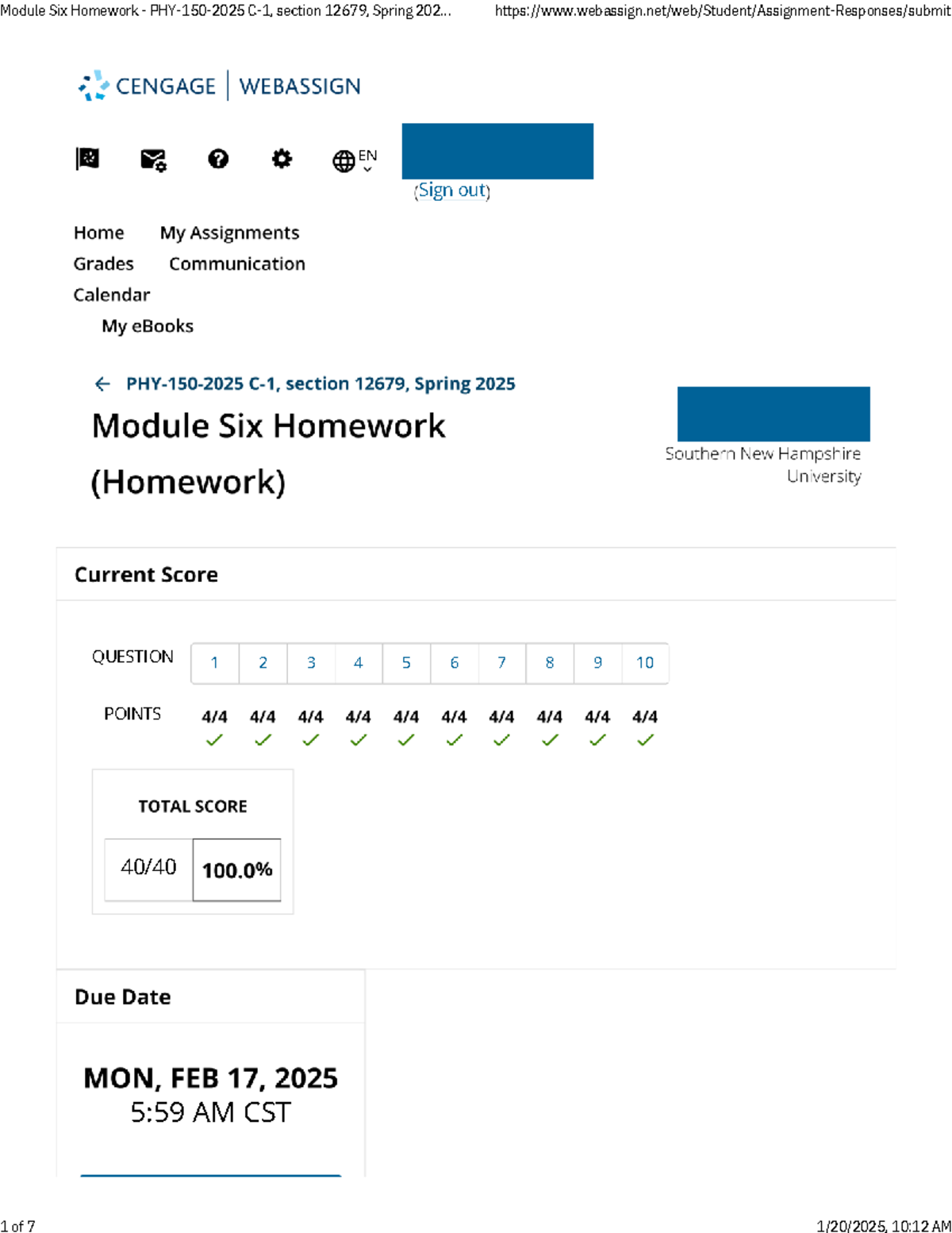 Module Six Homework - PHY-150-2025 C-1, Section 12679, Spring 2025 - Studocu
