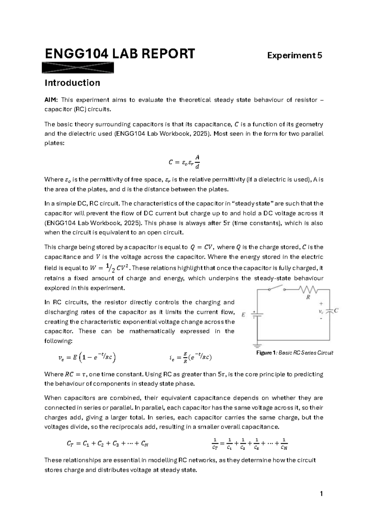 ENGG104 Lab Report: Experiment 5 on RC Circuit Behavior - Studocu
