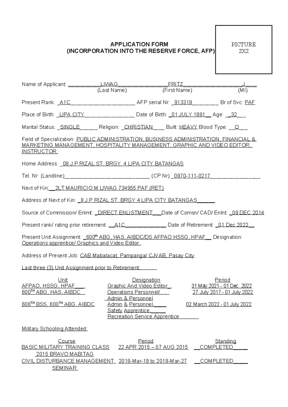 Application for Incorporation into Reserve Force, AFP 2023 - Studocu
