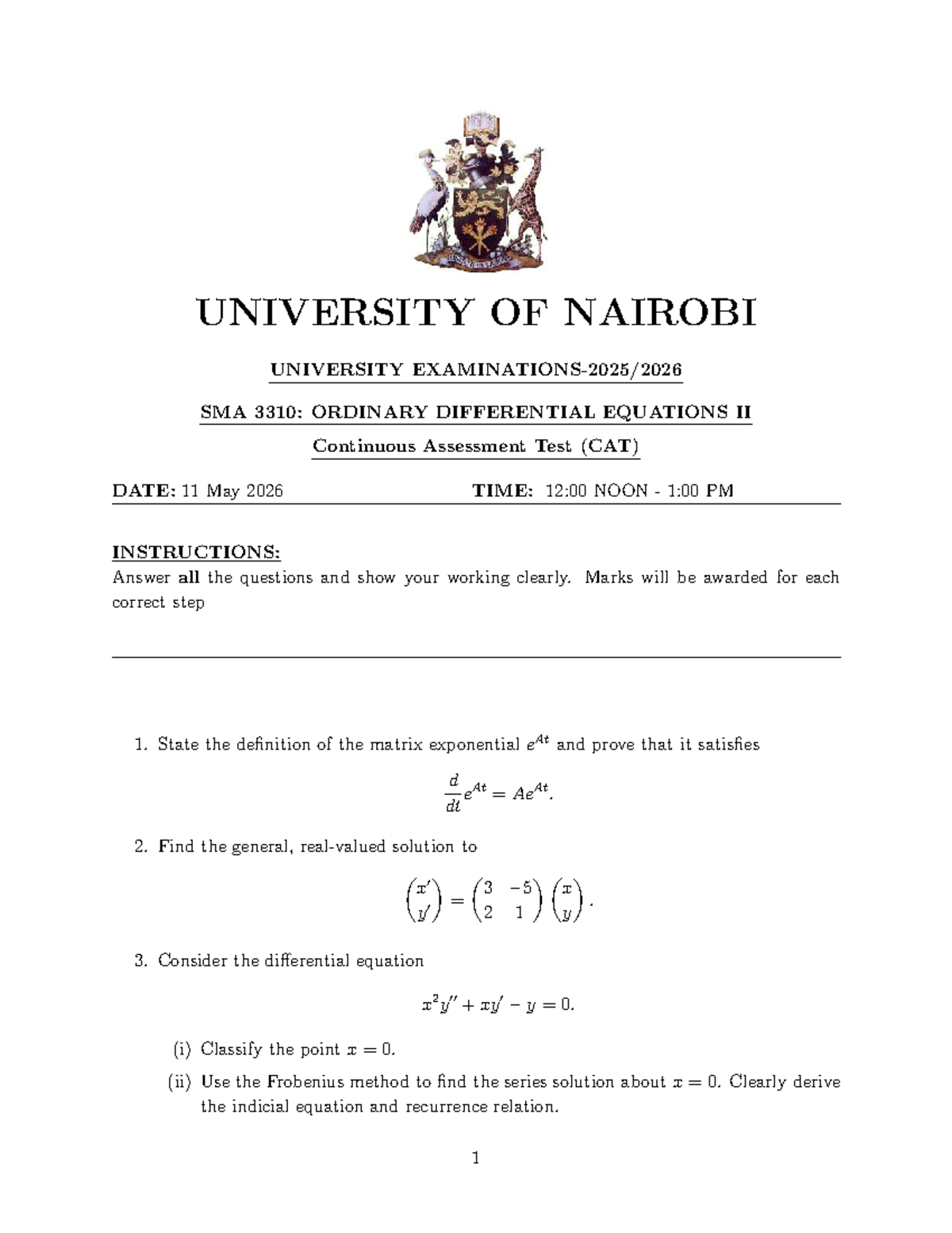 SMA 3310 CAT: Ordinary Differential Equations II Assignment - Studocu