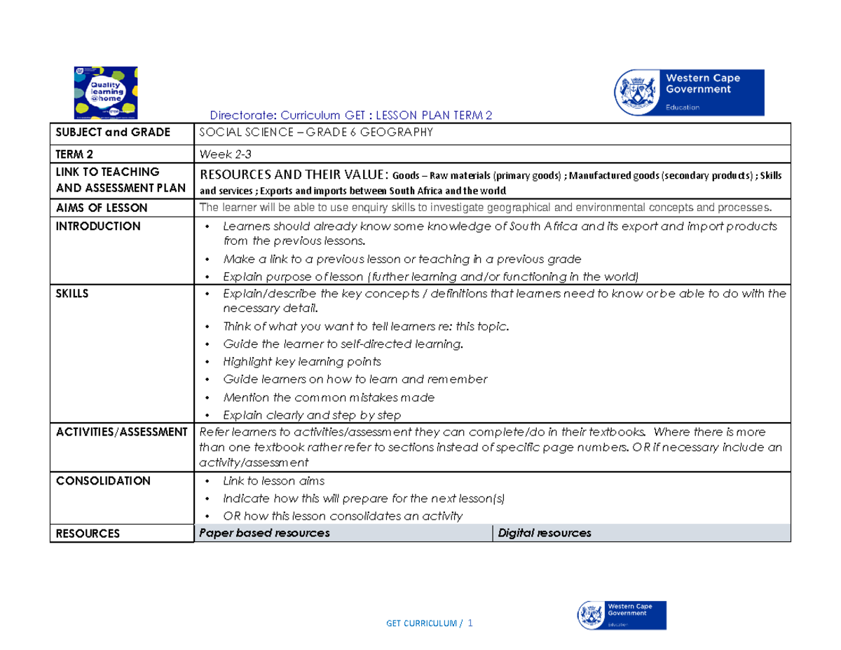 Grade 6 SS Geography Lesson Plan T2 Weeks 2-3 Overview - Studocu