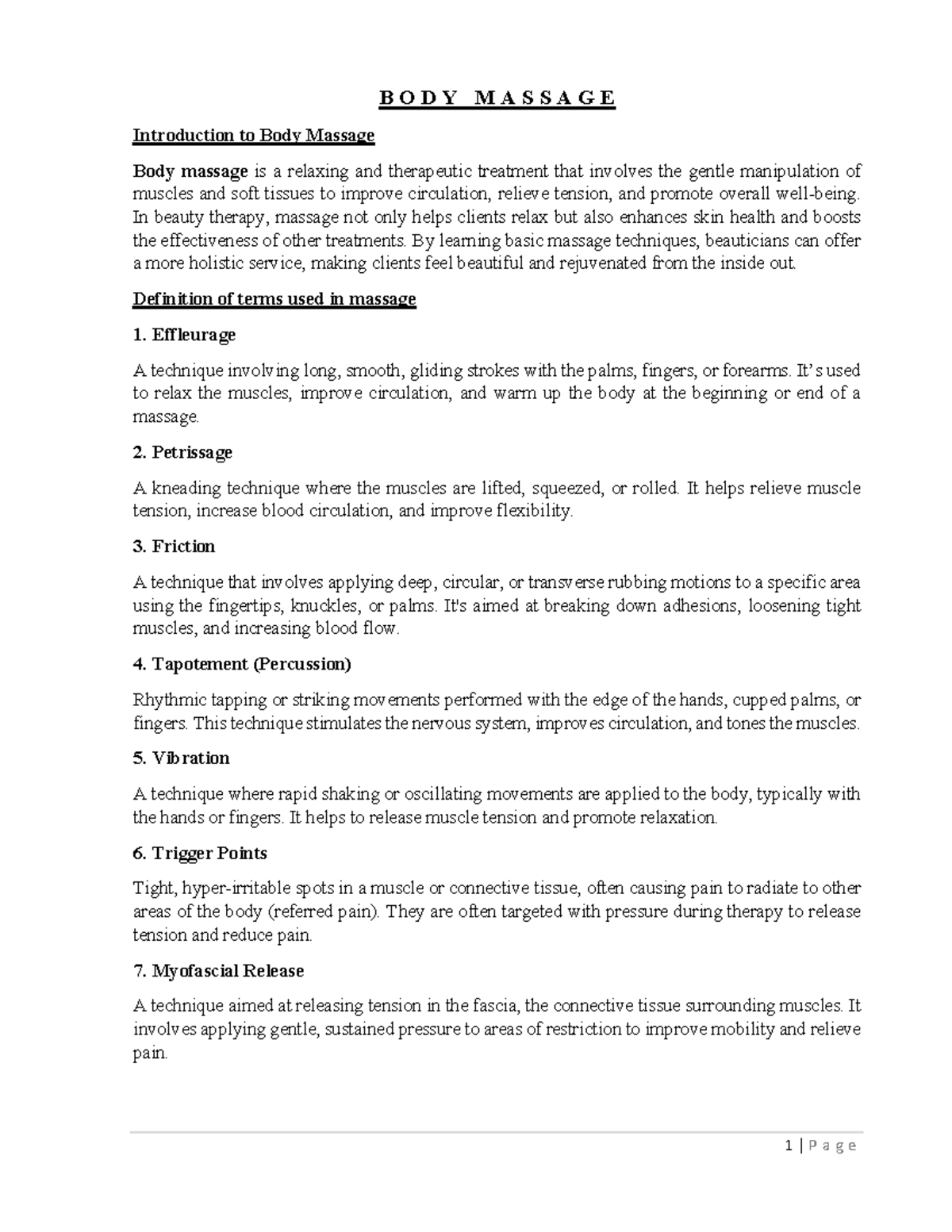 BODY MASSAGE Techniques and Benefits Overview for Course THER 101 - Studocu