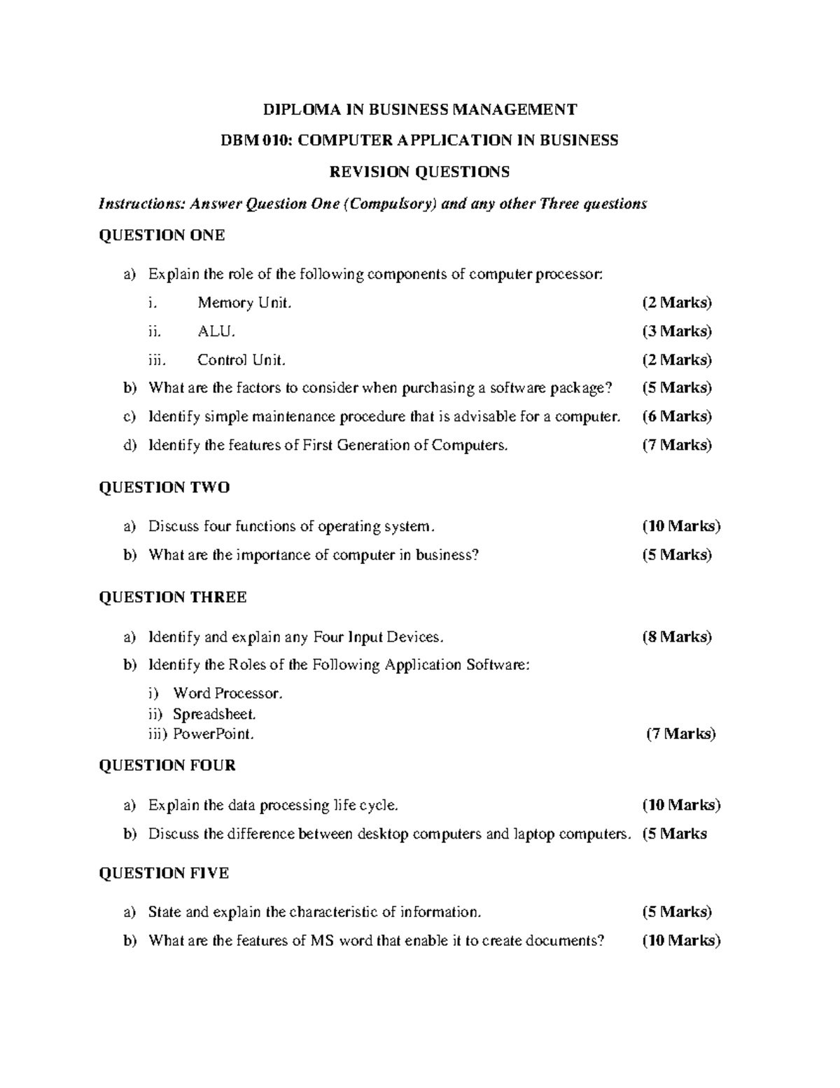 DBM 010 - Computer Application in Business Revision Questions - Studocu