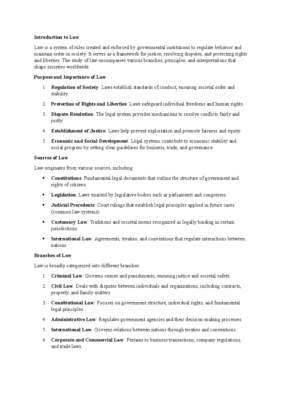Introduction to Law - It serves as a framework for justice, resolving ...