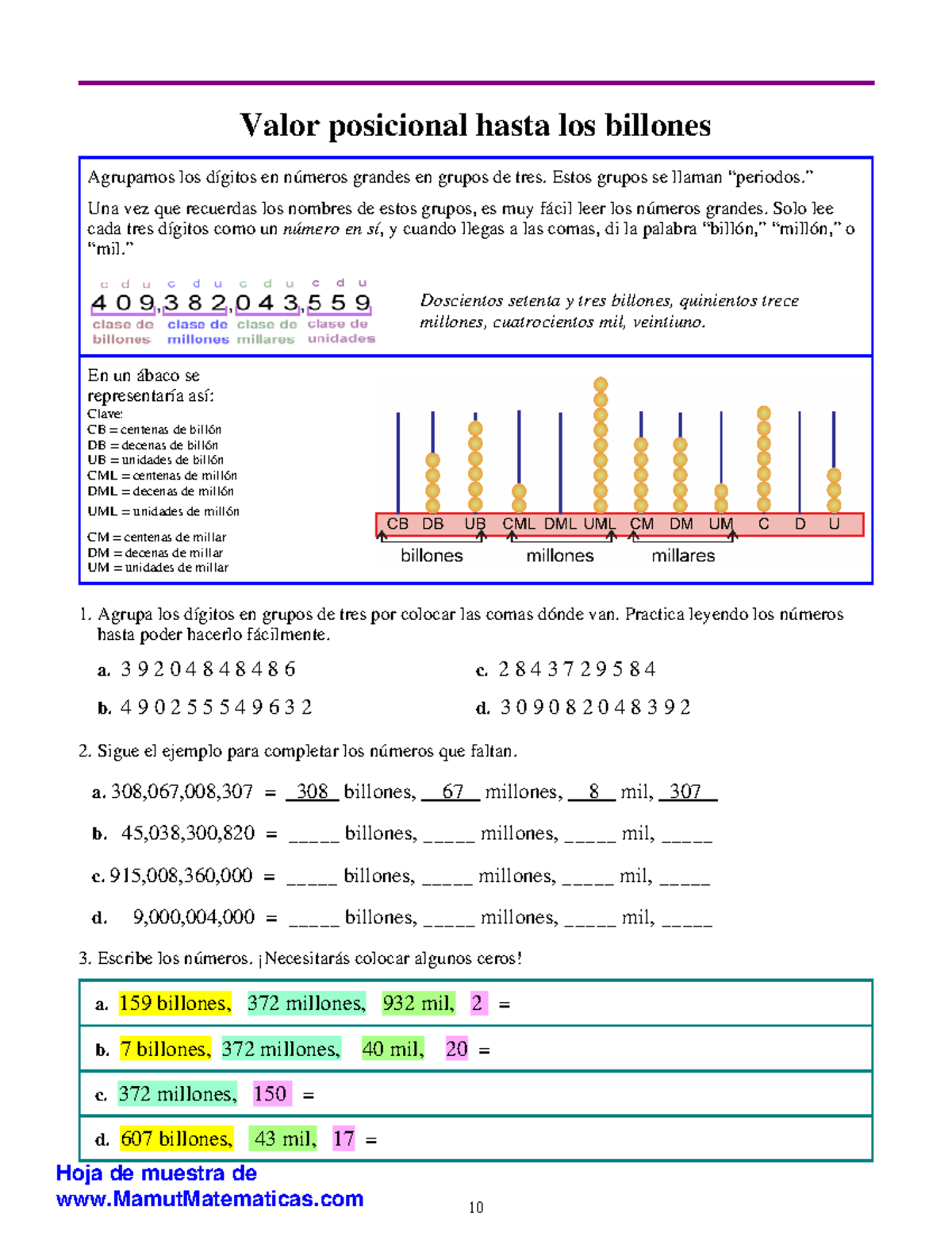 Hojas De Trabajo Con Claves De Valor Posicional
