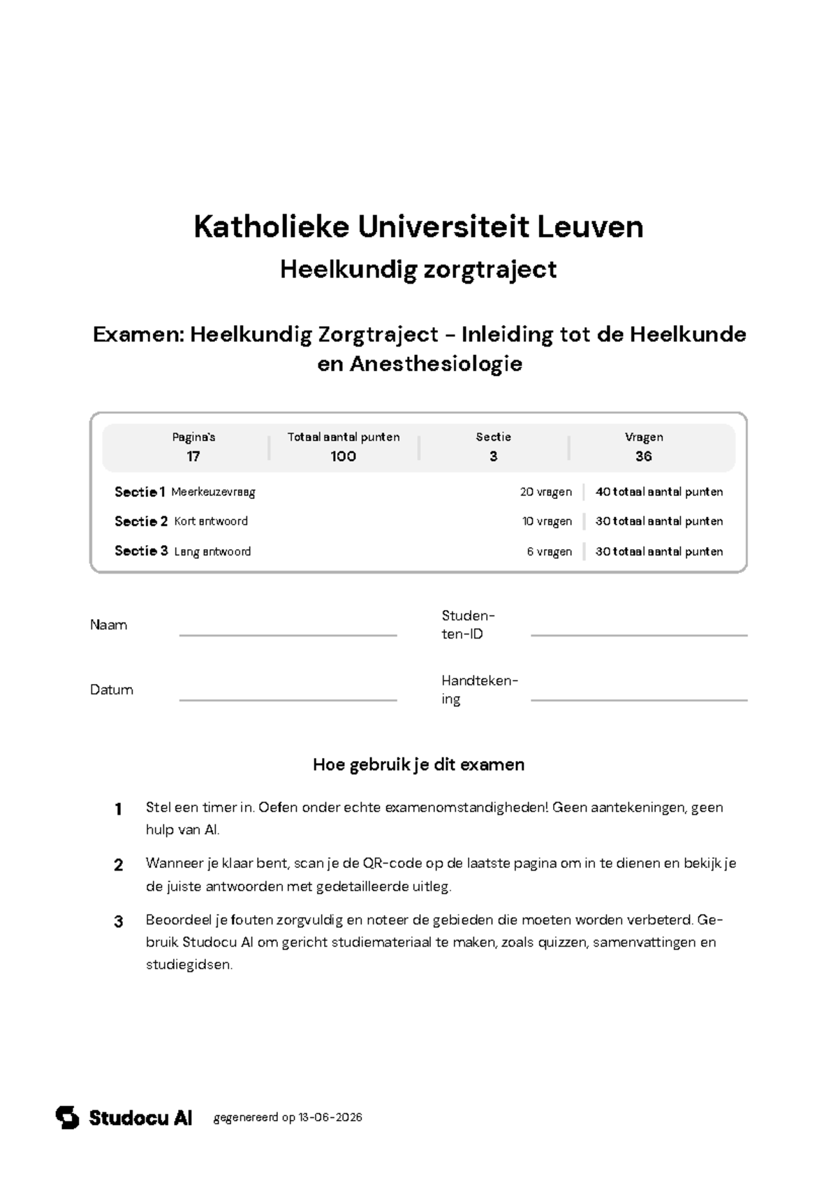 Examen: Heelkundig Zorgtraject - Inleiding tot de Heelkunde - Studocu