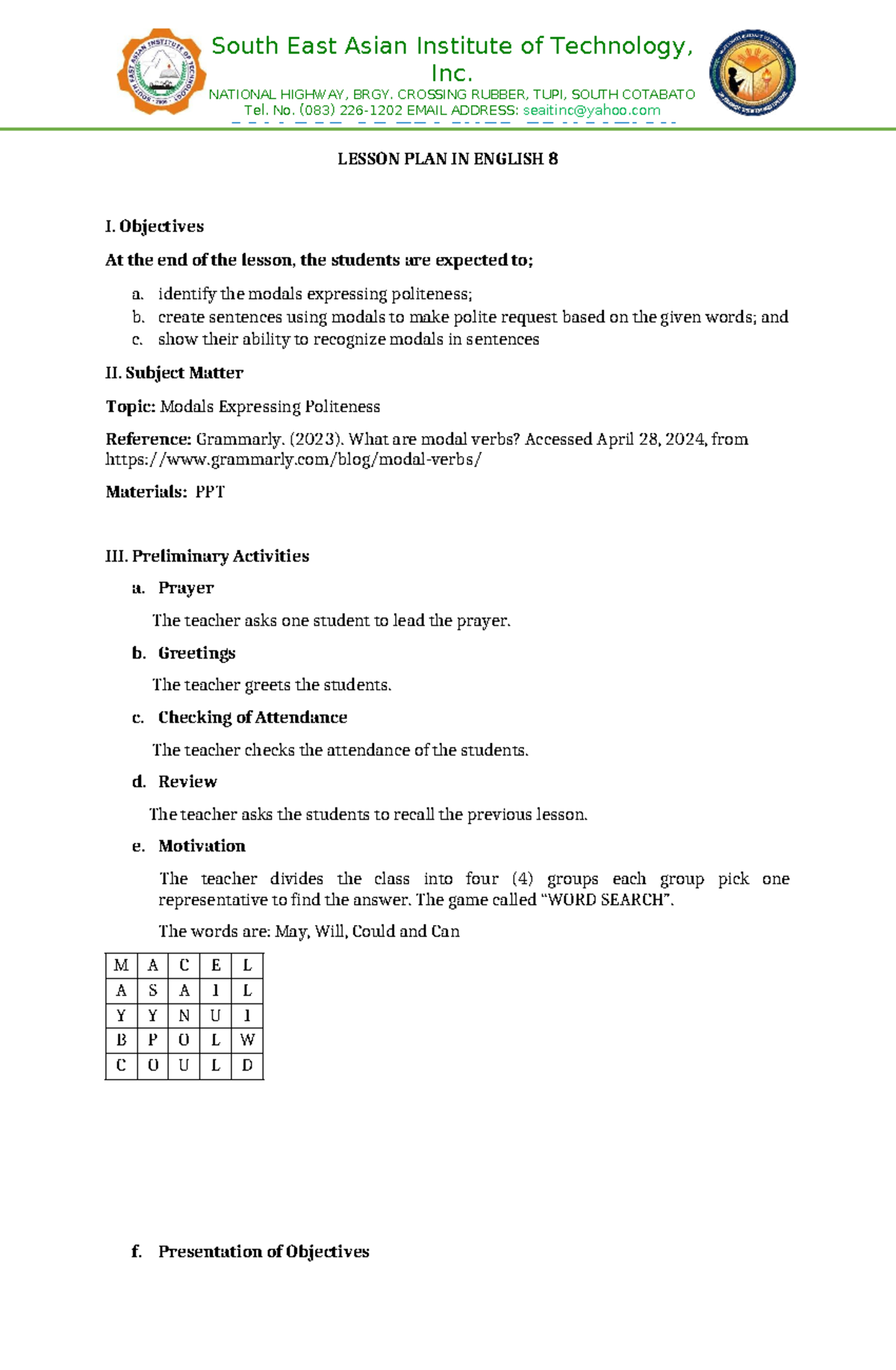 G8 English 8 Lesson Plan: Modals Expressing Politeness - Studocu