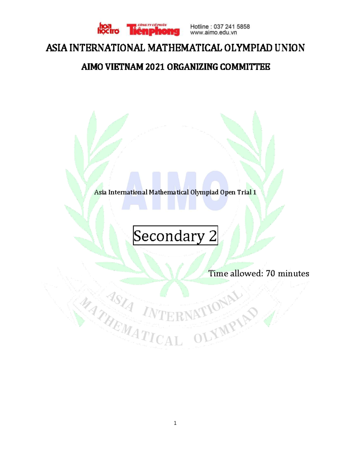AIMO 2021 Vietnam Open Trial 1 - Secondary 2 Math Problems - Studocu