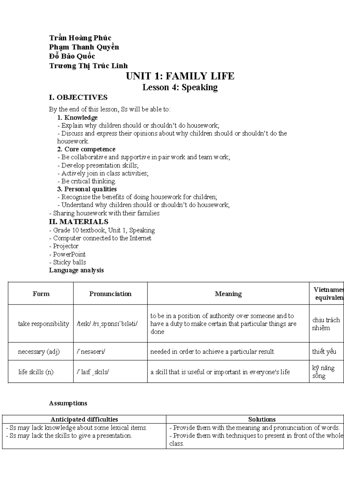 Grade 10 English: Unit 1 - Family Life, Lesson 4 Speaking Activities ...