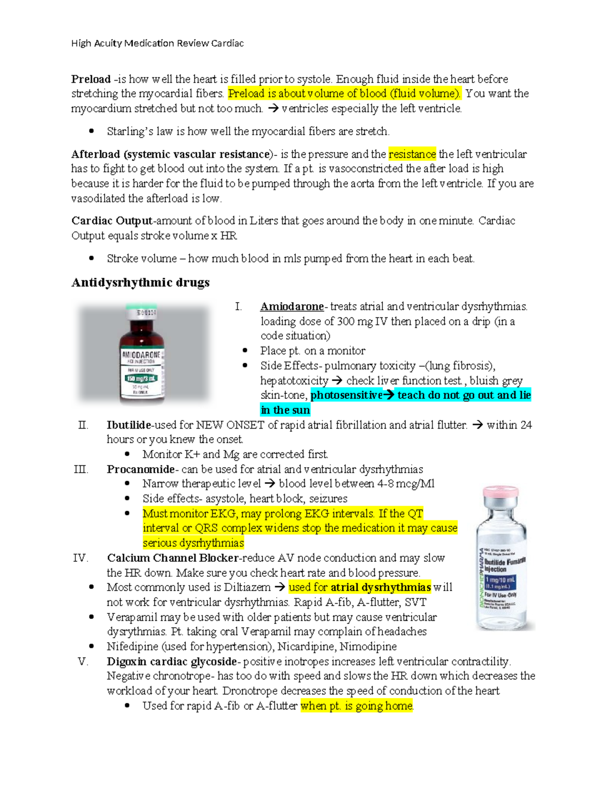 High Acuity Med Review: Cardiac Preload & Afterload Insights - Studocu