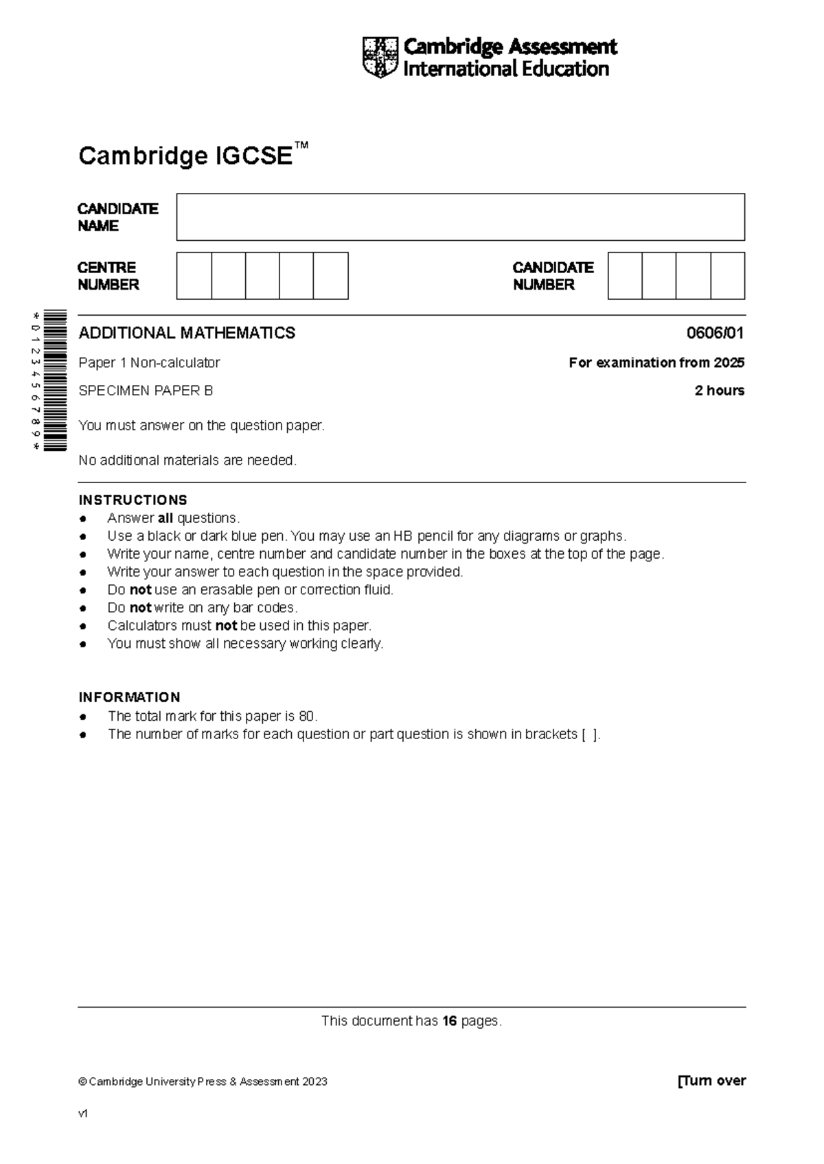 Cambridge ADDITIONAL Paper 1B Non-Calculator Specimen Exam 2025 - Studocu