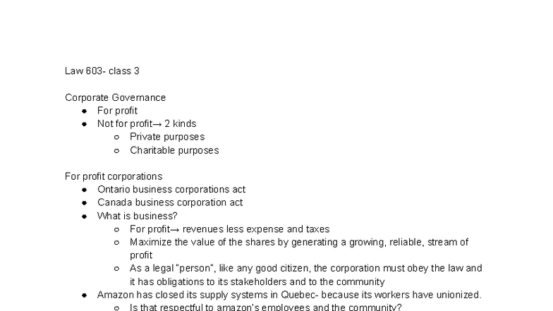 Law 603 - Class 3 Corporate Governance Notes: Profit vs. Non-Profit ...