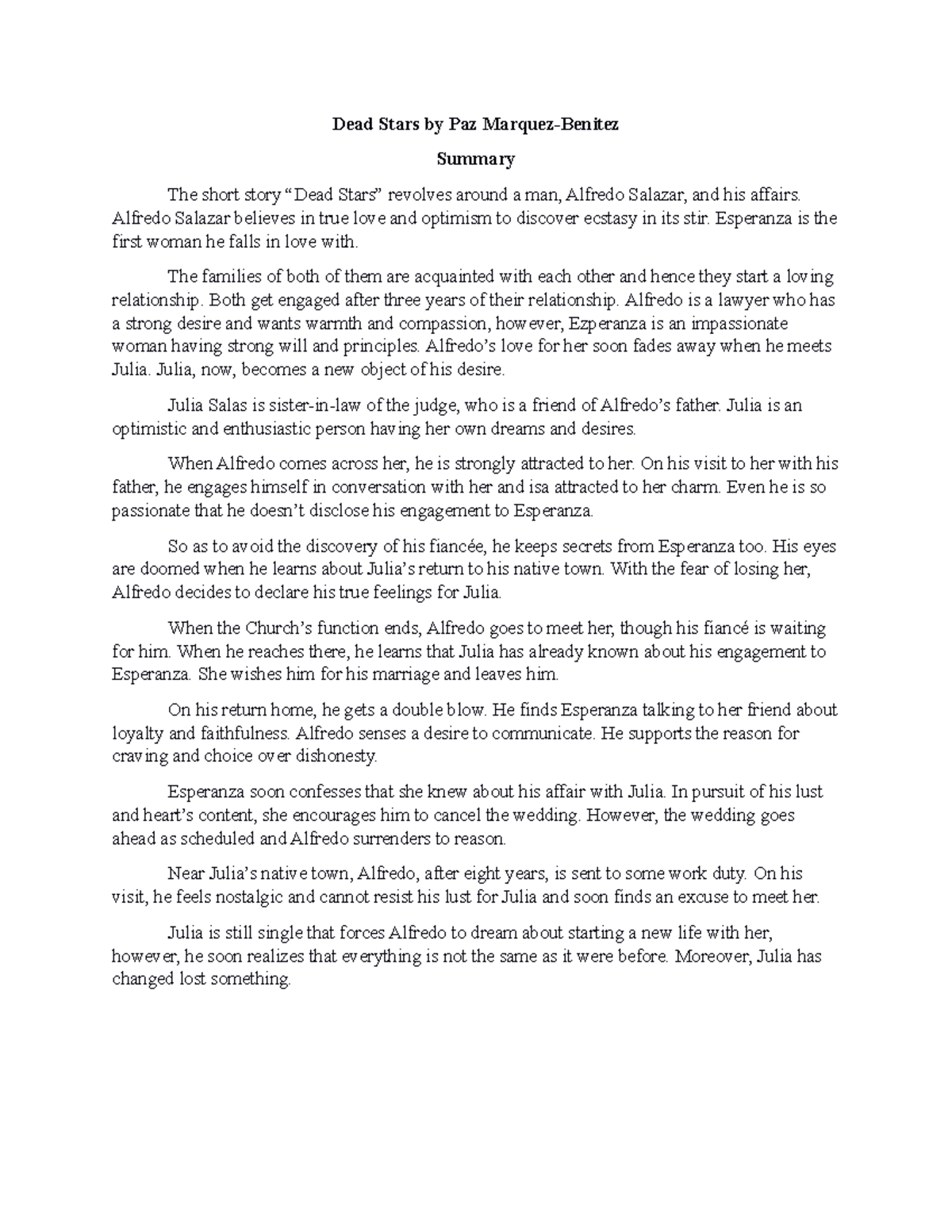 Literary Analysis of "Dead Stars" by Paz Marquez-Benitez - Studocu