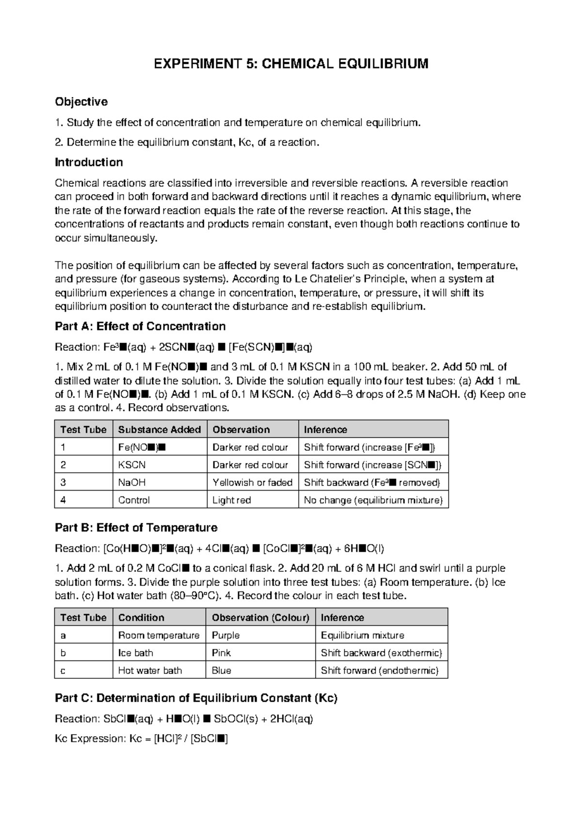 Experiment 5: Chemical Equilibrium Analysis and Kc Determination - Studocu