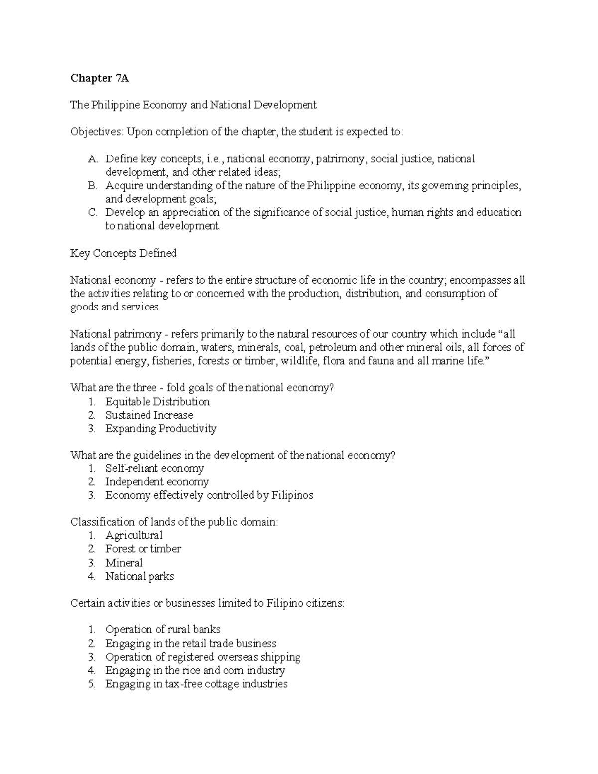 Chapter 7A: The Philippine Economy & National Development Objectives - Studocu