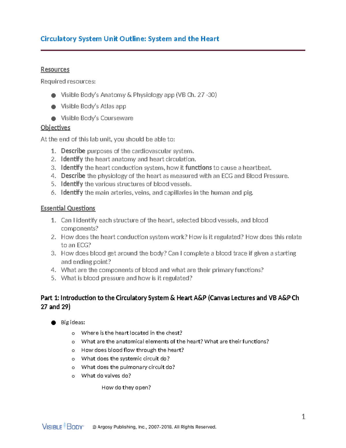 Circulatory System Unit Outline: A&P Notes for VB Ch. 27-30 - Studocu
